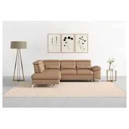 Sit & More Ecksofa SIT & MORE "Cabrio L-Form" Sofas Gr. B/H/T: 274cm x 87cm x 230cm, NaturLEDER, langer Schenkel rechts, mit Bettfunktion-mit Bettkasten-mit Sitztiefenverstellung-mit Kopfteilverstellung-mit Armteilfunktion-mit 3 Nierenkissen-Bett mit Leder bezogen, braun (cappucino) mit Sitztiefenverstellung und Federkern, 3 Nierenkissen