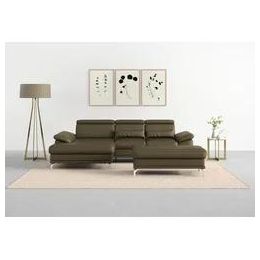 Sit & More Ecksofa SIT & MORE "Cabrio L-Form" Sofas Gr. B/H/T: 295cm x 87cm x 180cm, NaturLEDER, Recamiere links, mit Bettfunktion-mit Bettkasten-mit Sitztiefenverstellung-mit Kopfteilverstellung-mit Armteilfunktion-mit 2 Nierenkissen-Bett mit Leder bezogen, grün (olive) mit Sitztiefen- und Armteilverstellung sowie Federkern, 2 Nierenkissen