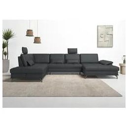 Wohnlandschaft Places of Style "Costello U-Form" Sofas Gr. B/H/T: 363cm x 89cm x 223cm, Material, Recamiere rechts, mit Bettfunktion-mit Stauraum-Bett im Stoff bezogen, schwarz incl. Sitztiefenverstellung und Armlehnfunktion, 3 Nierenkissen