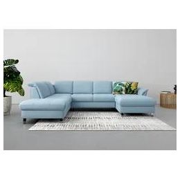 Sit & More Wohnlandschaft SIT & MORE "Maggiore U-Form" Sofas Gr. B/T: 312 cm x 224 cm, Soft clean, Ottomane links, mit Kopfteilverstellung-mit Bettfunktion-mit Stauraum-Fussfarbe: Nickel satiniert, blau (hellblau) wahlweise mit Kopfteilverstellung, Bettfunktion und Stauraum