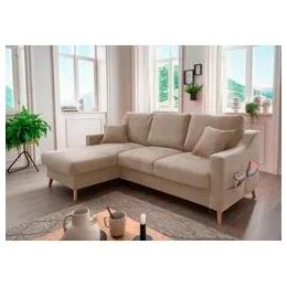 Ecksofa Inosign "Valentina L-Form" Sofas Gr. B/H/T: 228cm x 94cm x 150cm, Struktur, Recamiere links-Bettfunktion rechts, beige 2 Zierkissen, mit Seitentasche, ausziehbarer Liegefläche, Bettkasten