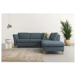 Ecksofa Home Affaire "Trelleborg L-Form" Sofas Gr. B/H/T: 252cm x 86cm x 213cm, Struktur, Ottomane rechts, mit Bettfunktion-mit Stauraum, blau (blaugrau) Federkern-Polsterung, wahlweise mit Bettfunktion und Stauraum