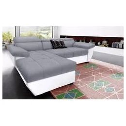 Ecksofa COTTA "Speedway L-Form" Sofas Gr. B/H/T: 265cm x 79cm x 102cm, Kunstleder SOFTLUX-Luxus-Microfaser, Recamiere links, mit Bettfunktion-mit Bettkasten-mit Kopfteilverstellung, grau (weiß/grau) inklusive Kopfteilverstellung, wahlweise mit Bettfunktion + Bettkasten