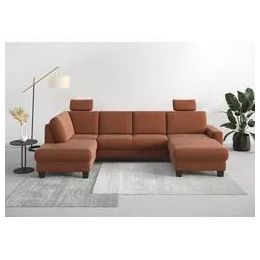 Wohnlandschaft Home Affaire "Summer U-Form" Sofas Gr. B/H/T: 314 cm x 91 cm x 170 cm, Feincord, Recamiere rechts, ohne Bettfunktion-ohne Bettkasten-mit Federkern, rosegold (kupfer) mit oder ohne Bettfunktion und Bettkasten, wengefarbene Holzfüße