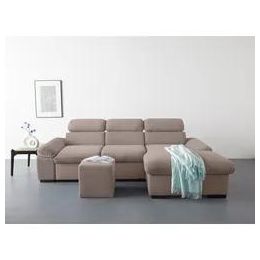 Ecksofa COTTA "Lola L-Form" Sofas Gr. B/H/T: 250cm x 73cm x 165cm, Chenille-Struktur, Recamiere rechts, Mit Bettfunktion-Mit Bettkasten-Ohne Armteilverstellung, grau (taupe) mit Hocker & Kopfteilfunktion, wahlw. Bett- und Armteilfunktion