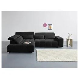 Ecksofa COTTA "Orion L-Form" Sofas Gr. B/H/T: 310cm x 70cm x 225cm, Microfaser, Ottomane links, schwarz mit Ottomane, inklusive verstellbarer Kopfstützen und 5 Nierenkissen