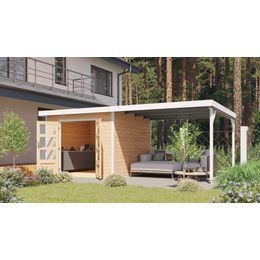 Gartenhaus Karibu ""Plutino A" SET, Anbaudach 3m breit" Gartenhäuser naturbelassen, elfenbeinfarben Gartenhäuser aus Holz naturbelassen-weiß, -staubgrau oder -anthrazit