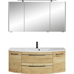 Badmöbel-Set SAPHIR "Serie 7045 2-teilig Mineralmarmor-Waschtisch mit LED-Spiegelschrank", braun (halifax eiche quer nachbildung), B:133,2cm H:200cm T:49,8cm, Spanplatte, Kastenmöbel-Sets, Badezimmer-Set 133,2 cm breit, inkl. Türdämpfer, 5 Türen, 2 Schubladen