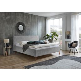 Meise Möbel Polsterbett MEISE.MÖBEL "Riva", beige (fog, fog), B:205cm L:216cm, Betten, mit eichefarbigen Holzfüßen, wahlweise mit Bettkasten und Lattenrost