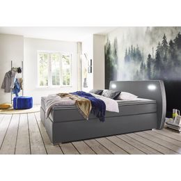 Boxspringbett "REX LED", grau (dunkelgrau), B:162cm L:210cm, Bezug Bett: Strukturstoff (65% Polypropylen, 35% Polyester), ATLANTIC HOME COLLECTION, Komplettbetten, Boxspringbett, inklusive LED-Beleuchtung und Topper