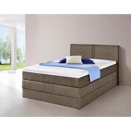 Boxspringbett Hapo, braun (hellbraun, strukturstoff), Liegefläche B/L: 140cm x 200cm, kein Härtegrad, 7-Zonen-Kaltschaummatratze, Kopfteil, seitliche Unterbox und Obermatratze sind mit pflegeleichtem Feinstrukturstoff in Leinenoptik (100% Polyester) oder Kunstleder bezogen;Die Oberseite der Unterfederung und die Ober- und Unterseite der Obermatratze sind jeweils mit einem rutschhemmenden Stoff aus