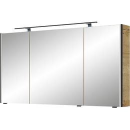 Spiegelschrank SAPHIR "Serie 7045 Badezimmer-Spiegelschrank inkl. LED-Beleuchtung, 3 Türen" Schränke Gr. B/H/T: 133,2 cm x 70,3 cm x 17 cm, LED-Aufsatzleuchte in Schwarz, 3 St., braun (halifa x eiche quer nachbildung) Bad-Spiegelschränke Badschrank 133,2 cm breit, inkl. LEDplus Schalter und Türdämpfer