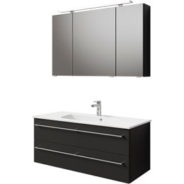Badmöbel-Set SAPHIR "Serie 6025 2-teilig Mineralmarmor-Waschtisch mit LED-Spiegelschrank", schwarz (schwarz matt select), B:117cm H:200cm T:48cm, Spanplatte, Kastenmöbel-Sets, Waschplatz 117cm breit, 2 Schubladen, 3 Spiegel-Türen, inkl Türdämpfer