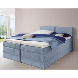 Boxspringbett Hapo, blau (hellblau, strukturstoff), Liegefläche B/L: 180cm x 200cm, kein Härtegrad, 7-Zonen-Tonnentaschen-Federkernmatratze, Kopfteil, seitliche Unterbox und Obermatratze sind mit pflegeleichtem Feinstrukturstoff in Leinenoptik (100% Polyester) oder Kunstleder bezogen;Die Oberseite der Unterfederung und die Ober- und Unterseite der Obermatratze sind jeweils mit einem rutschhemmende