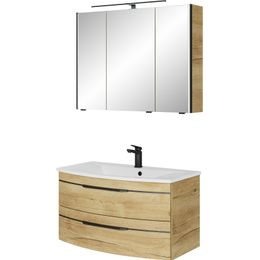 Badmöbel-Set SAPHIR "Serie 7045 2-teilig Mineralmarmor-Waschtisch mit LED-Spiegelschrank", braun (halifax eiche quer nachbildung), B:93,2cm H:200cm T:50,1cm, Spanplatte, Kastenmöbel-Sets, Badezimmer-Set 93,2 cm breit, inkl. Türdämpfer, 3 Türen, 2 Schubladen