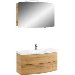 Badmöbel-Set SAPHIR "Cassca Sprint 2-teilig Mineralmarmor-Waschtisch mit LED-Spiegelschrank" Kastenmöbel-Sets Gr. B/H/T: 101 cm x 200 cm x 50,5 cm, 1 Mineralmarmor-Waschtisch weiß-1 Waschtischunterschrank mit 2 Auszügen-1 Spiegelschrank mit 3 Drehtüren-1 Aufsatzleuchte, braun (riviera eiche quer nachbildung) Bad-Sparsets Waschplatz mit 2 Schubladen, inkl. Dämpfer, 101 cm breit