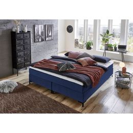 Boxspringbett "Romy", blau (navyblau), B:160cm L:200cm, Bezug Bettbox und Obermatratze: Strukturstoff (90% Polyester, 10% Nylon);Topper: Jersey (100% Polyester), ATLANTIC HOME COLLECTION, Komplettbetten, Boxspringbett, ohne Kopfteil, frei im Raum stellbar