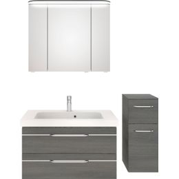 Badmöbel-Set SAPHIR "Balto Sprint 3-teilig, Mineralmarmor-Waschtisch mit LED-Spiegelschrank" Kastenmöbel-Sets Gr. B/H/T: 122 cm x 200 cm x 50,8 cm, 1 Mineralmarmor-Waschtisch weiß-1 Waschtischunterschrank mit 2 Auszügen-1 Spiegelschrank mit 3 Drehtüren-1 LED-Lichtkranz-1 Unterschrank mit 1 Drehtür, 1 Auszug, grau (graphit struktur quer nachbildung) Bad-Sparsets Badezimmer Set mit Unterschrank inkl