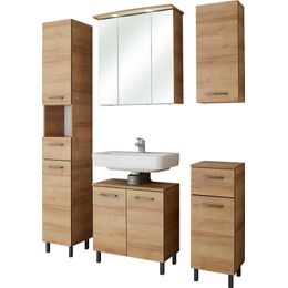 Badmöbel-Set SAPHIR "Quickset 919 5-teilig, Waschbeckenunterschrank mit LED-Spiegelschrank" Kastenmöbel-Sets braun (riviera eiche quer nachbildung) Hochschrank, Unterschrank, Hängeschrank, 9 Türen, inkl. Türdämpfer