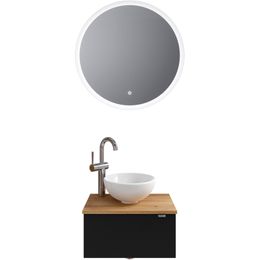 Badmöbel-Set SAPHIR "Serie 6915", schwarz (schwarz matt select, halifax eiche), B:51cm H:200cm T:35cm, Kastenmöbel-Sets, Gäste-Bad, mit LED-Spiegel und 1 Tür