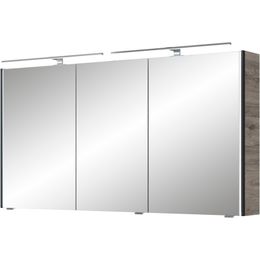 Spiegelschrank SAPHIR "Serie 7045 Badezimmer-Spiegelschrank inkl. LED-Beleuchtung, 3 Türen" Schränke Gr. B/H/T: 133,2 cm x 70,3 cm x 17 cm, LED-Aufsatzleuchte in Chrom, 3 St., sanremo eiche quer nachbildung Bad-Spiegelschränke Badschrank 133,2 cm breit, inkl. LEDplus Schalter und Türdämpfer