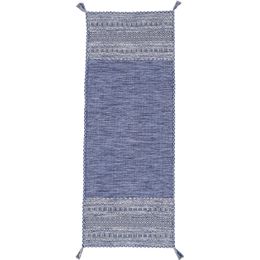 Läufer CarpetFine "Kelim Azizi" Teppiche Gr. B/L: 80 cm x 500 cm, 5 mm, 1 St., blau Kurzflor-Läufer Baumwolle, Wendeteppich mit Fransen, Wohnzimmer