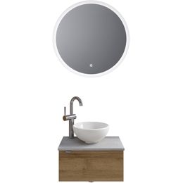 Badmöbel-Set SAPHIR "Serie 6915", grau (riviera eiche, oxid hellgrau), B:51cm H:200cm T:35cm, Kastenmöbel-Sets, Gäste-Bad, mit LED-Spiegel und 1 Tür