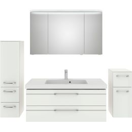 Badmöbel-Set SAPHIR "Balto Sprint 4-teilig, Mineralmarmor-Waschtisch mit LED-Spiegelschrank" Kastenmöbel-Sets Gr. B/H/T: 183 cm x 200 cm x 50,8 cm, 1 Mineralmarmor-Waschtisch weiß-1 Waschtischunterschrank mit 2 Auszügen-1 Spiegelschrank mit 3 Drehtüren-1 LED-Lichtkranz-1 Unterschrank mit 1 Drehtür, 1 Auszug-1 Midischrank mit 1 Drehtür, 2 Auszügen, weiß (weiß hochglanz, glanz) Bad-Sparsets Untersch