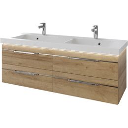 Waschtisch SAPHIR "Serie Balto Mineralmarmor-Waschtisch mit Unterschrank, 147,8 cm breit" Waschtische Gr. Griffe Chrom Glanz, LED, braun (riviera eiche quer nachbildung, riviera nachbildung) Waschtische Doppel-Waschplatz mit 4 Schubladen, in verschiedene Ausführungen