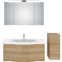 Badmöbel-Set SAPHIR "6005 Sprint 3-teilig, Keramik-Waschtisch mit LED-Spiegelschrank" Kastenmöbel-Sets Gr. B/H/T: 152 cm x 200 cm x 51,5 cm, 1 Keramikwaschtisch weiß-1 Waschtischunterschrank mit 2 Auszügen-1 Spiegelschrank mit 3 Drehtüren-1 LED-Aufsatzleuchte-1 Unterschrank mit 1 Drehtür, 1 Auszug, braun (riviera eiche quer nachbildung) Bad-Sparsets Unterschrank, inkl. Türdämpfer, 4 Türen, 3 Schub