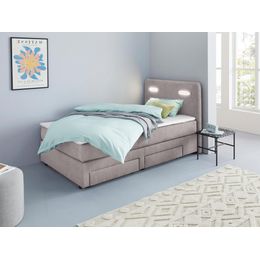 Boxbett Inosign "Luan", grau (stone), B:127cm L:211cm, Komplettbetten, Boxspringbett, Schubkästen, LED-Beleuchtung und Topper, in Breite 120 cm und 180 cm