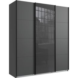 Schwebetürenschrank wimex "Norderstedt" Schränke Gr. B/H/T: 180 cm x 210 cm x 64 cm, 3 St., grau (graphit, glas grey) INKLUSIVE 2 Stoffboxen und zusätzliche Einlegeböden, mit Glastür