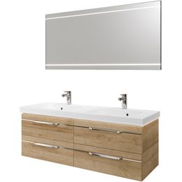 Badmöbel-Set SAPHIR "Balto 2-teilig Mineralmarmor-Doppelwaschtisch mit LED-Spiegel" Kastenmöbel-Sets Gr. B/H/T: 150 cm x 200 cm x 50,8 cm, mit Beleuchtung, braun (riviera eiche quer nachbildung mit chromeinlage) Bad-Sparsets Waschplatz 150 cm breit, 4 Schubladen, inkl. Schubladendämpfer