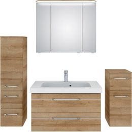 Badmöbel-Set SAPHIR "Balto Sprint 4-teilig, Mineralmarmor-Waschtisch mit LED-Spiegelschrank" Kastenmöbel-Sets Gr. B/H/T: 152 cm x 200 cm x 50,8 cm, 1 Mineralmarmor-Waschtisch weiß-1 Waschtischunterschrank mit 2 Auszügen-1 Spiegelschrank mit 3 Drehtüren-1 LED-Lichtkranz-1 Unterschrank mit 1 Drehtür, 1 Auszug-1 Midischrank mit 1 Drehtür, 2 Auszügen, braun (riviera eiche quer nachbildung) Bad-Sparset