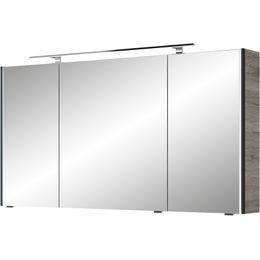 Spiegelschrank SAPHIR "Serie 7045 Badezimmer-Spiegelschrank inkl. LED-Beleuchtung, 3 Türen" Schränke Gr. B/H/T: 133,2 cm x 70,3 cm x 17 cm, LED-Aufsatzleuchte in Chrom, 3 St., sanremo eiche quer nachbildung Bad-Spiegelschränke Badschrank 133,2 cm breit, inkl. LEDplus Schalter und Türdämpfer