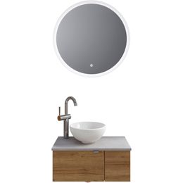 Badmöbel-Set SAPHIR "Serie 6915", grau (riviera eiche, oxid hellgrau), B:70cm H:200cm T:35cm, Kastenmöbel-Sets, Gäste-Bad, 70 cm breit, mit LED-Spiegel, offenem Fach und 2 Türen