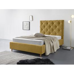 Polsterbett LEONIQUE "Louanne", gelb (senf), B:155cm H:131cm L:210cm, Betten, mit schöner Knopfheftung im Rückenteil, inkl. Bettkasten