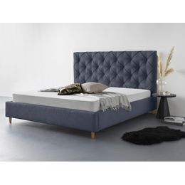 Polsterbett LEONIQUE "Louanne", blau, B:198cm H:131cm L:221cm, Betten, mit schöner Knopfheftung im Rückenteil, inkl. Bettkasten