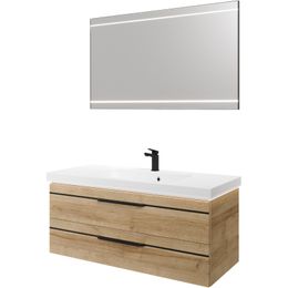 Badmöbel-Set SAPHIR "Balto 2-teilig Mineralmarmor-Waschtisch mit LED-Spiegel, 123 cm breit" Kastenmöbel-Sets Gr. B/H/T: 123 cm x 200 cm x 50,8 cm, mit Beleuchtung, braun (riviera eiche quer nachbildung mit schwarzer einlage) Bad-Sparsets Waschplatz 2 Schubladen, Badschrank inkl. Schubladendämpfer