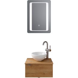 Badmöbel-Set SAPHIR "Serie 6915", braun (halifax eiche, halifax eiche), B:51cm H:200cm T:35cm, Kastenmöbel-Sets, Gäste-Bad, 51 cm breit, mit LED-Spiegel und 1 Tür