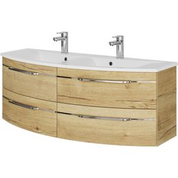 Waschtisch SAPHIR "Serie 7045 Mineralmarmor-Waschtisch und Unterschrank, 131 cm breit" Waschtische Gr. Chromeinlage-ohne Beleuchtung abgerundet, braun (eiche hal, ch, halifa x eiche quer nachbildung) Waschtische Doppel-Waschplatz mit 4 Schubladen, Badmöbel Set Waschtisch