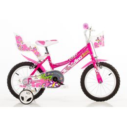 Kinderfahrrad DINO "Mädchenfahrrad 14 Zoll" Fahrräder Gr. 25 cm, 14 Zoll (35,56 cm), pink Kinder mit Stützrädern, Korb und Puppensitz