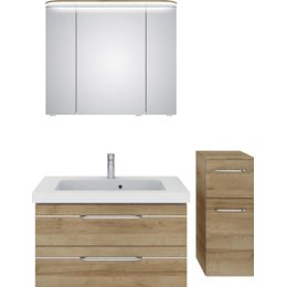 Badmöbel-Set SAPHIR "Balto Sprint 3-teilig, Mineralmarmor-Waschtisch mit LED-Spiegelschrank" Kastenmöbel-Sets Gr. B/H/T: 122 cm x 200 cm x 50,8 cm, 1 Mineralmarmor-Waschtisch weiß-1 Waschtischunterschrank mit 2 Auszügen-1 Spiegelschrank mit 3 Drehtüren-1 LED-Lichtkranz-1 Unterschrank mit 1 Drehtür, 1 Auszug, braun (riviera eiche quer nachbildung) Bad-Sparsets Badezimmer Set mit Unterschrank inkl T