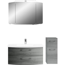 Badmöbel-Set SAPHIR "Cassca Sprint 3-teilig Mineralmarmor-Waschtisch mit LED-Spiegelschrank" Kastenmöbel-Sets Gr. B/H/T: 131 cm x 200 cm x 50,5 cm, 1 Mineralmarmor-Waschtisch weiß-1 Waschtischunterschrank mit 2 Auszügen-1 Spiegelschrank mit 3 Drehtüren-1 Aufsatzleuchte-1 Unterschrank mit 1 Drehtür, 1 Auszug, grau (graphit struktur quer nachbildung) Bad-Sparsets mit Unterschrank, 4 Türen, 3 Schubla