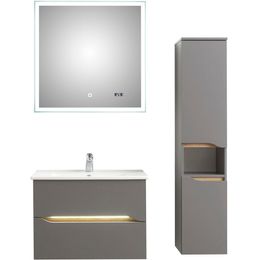 Badmöbel-Set SAPHIR "Quickset 3-teilig, Keramik-Waschtisch mit LED-Spiegel", grau (quarzgrau matt touch, quarzgrau matt, akzent riviera eiche quer nb), Kastenmöbel-Sets, mit Midischrank, inkl. Türdämpfer, 2 Türen, 1 Nische, 2 Schubladen