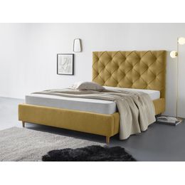 Polsterbett LEONIQUE "Louanne", gelb (senf), B:174cm H:131cm L:221cm, Betten, mit schöner Knopfheftung im Rückenteil, inkl. Bettkasten