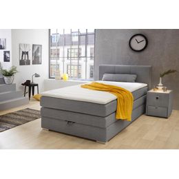 Jockenhöfer Boxspringbett JOCKENHÖFER GRUPPE "Eve", grau (grau 142, 09), L:211cm, Bettgestell und seitliche Einfassung der Matratzen: Flachgewebe, 57, 7% Polypropylen und 42, 3% Polyester;Topper: 100% Polyurethan, Bezug (100% Polyester) abnehmbar und waschbar bis 60º C;Spiegelfläche der Matratze: 100% Polyester, Komplettbetten, Boxspringbett, mit Bettkasten, Topper und Zierkissen