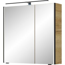 Spiegelschrank SAPHIR "Serie 7045 Badezimmer-Spiegelschrank inkl. LED-Beleuchtung, 2 Türen" Schränke Gr. B/H/T: 73,2 cm x 70,3 cm x 17 cm, LED-Aufsatzleuchte in Schwarz, 2 St., braun (halifax eiche quer nachbildung) Badschrank 73,2 cm breit, inkl. LEDplus Schalter und Türdämpfer