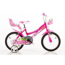 Kinderfahrrad DINO "Mädchenfahrrad 16 Zoll" Fahrräder Gr. 28 cm, 16 Zoll (40,64 cm), pink Kinder mit Stützrädern, Korb und Puppensitz