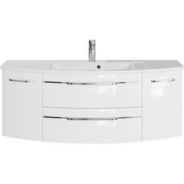 Waschtisch SAPHIR "Serie 7045 Mineralmarmor-Waschtisch und Unterschrank, 131 cm breit" Waschtische Gr. Chromeinlage-ohne Beleuchtung abgerundet, weiß hg, ch, hochglanz Waschtische Waschplatz mit 2 Schubladen, Türen, Badmöbel Set Waschtisch